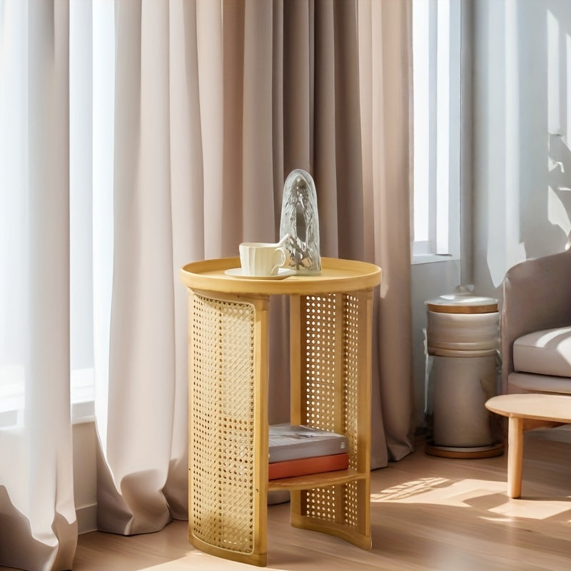 Contemporary Bamboo Round Side Table with Open-Work Design - Light ...