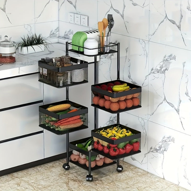 5-Tier Rotating Storage Rack with Wheels, Adjustable Metal Basket ...