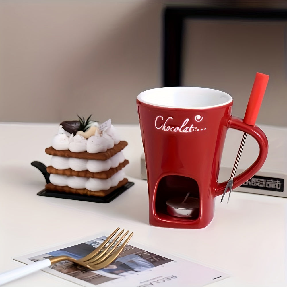 1pc White Ceramic Chocolate Mug with Fork & Candle Holder - 150ml/5oz ...