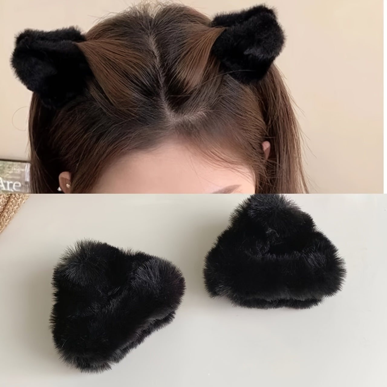[2pcs Cat Ear Hair Clips] 2pcs Set Polyester Knit Cute Plush Cat Ear ...