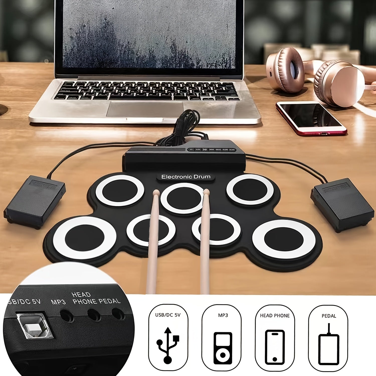 Portable Handheld Electronic Drum Foldable Mini Jazz Kit for Beginners ...