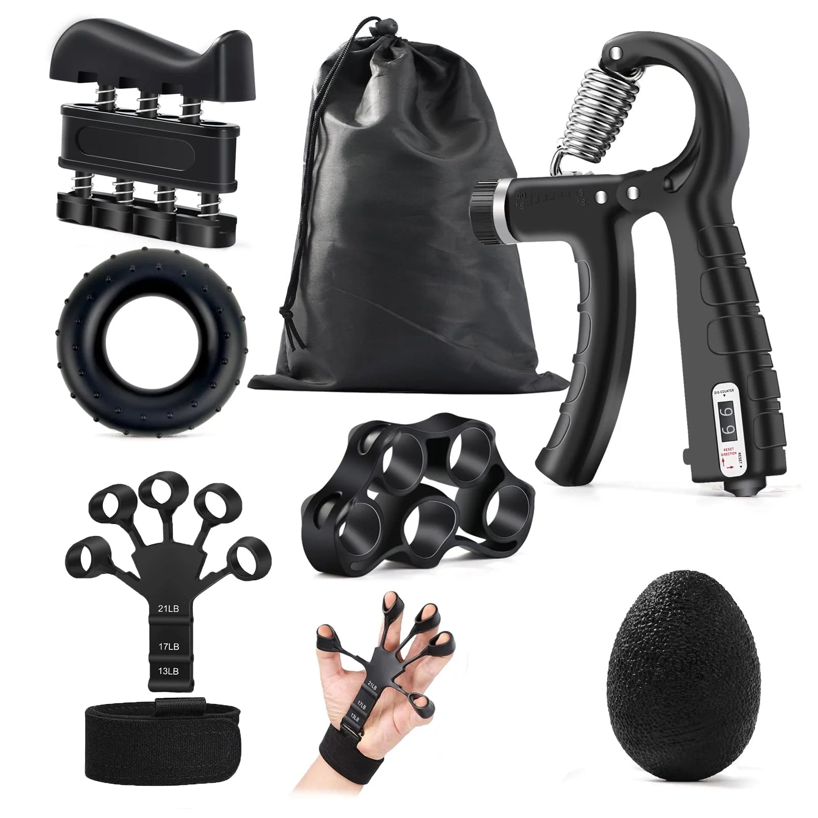 5-60Kg Adjustable Grip Strength Trainer with Finger Exerciser- RZCR206 ...