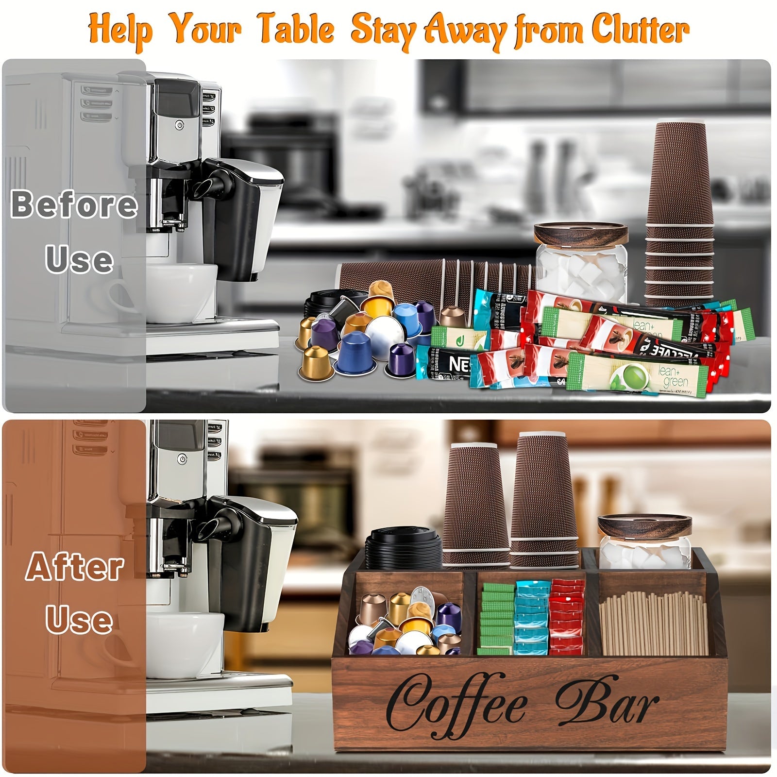 Rustic Wooden Coffee Station Organizer - Multi-Compartment Countertop ...
