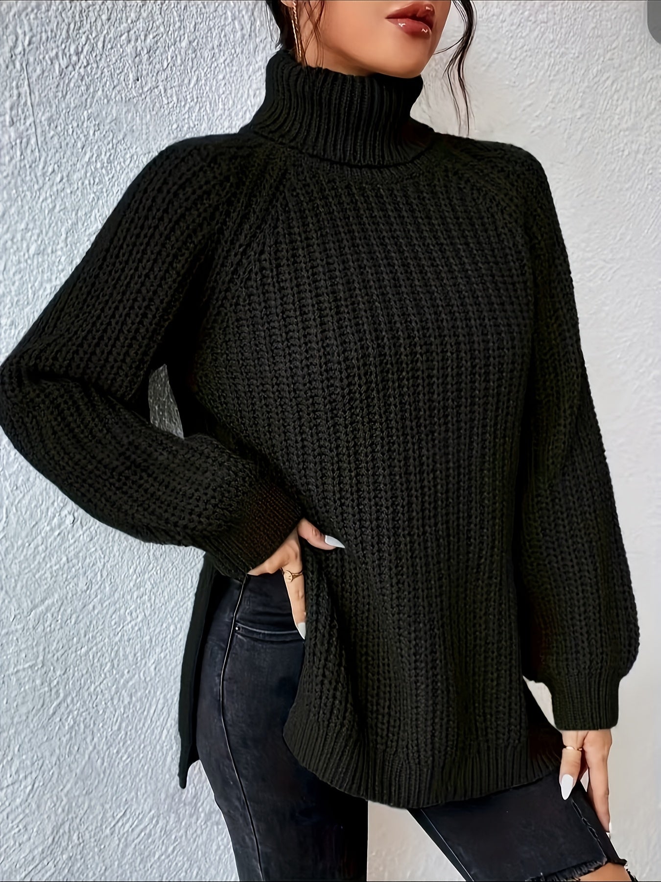 Women'S Chic High-Neck Sweater - Elegant Pullover Sweater with Side ...